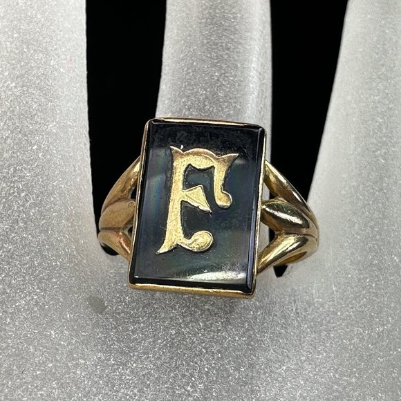 Other | Vintage 1k Yellow Gold Onyx Monogram F Mens Ring Sz 10 47gm ...